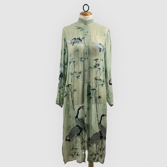 Citron | Tops | Citron Santa Monica Silk Duster Green Bird Pattern ...